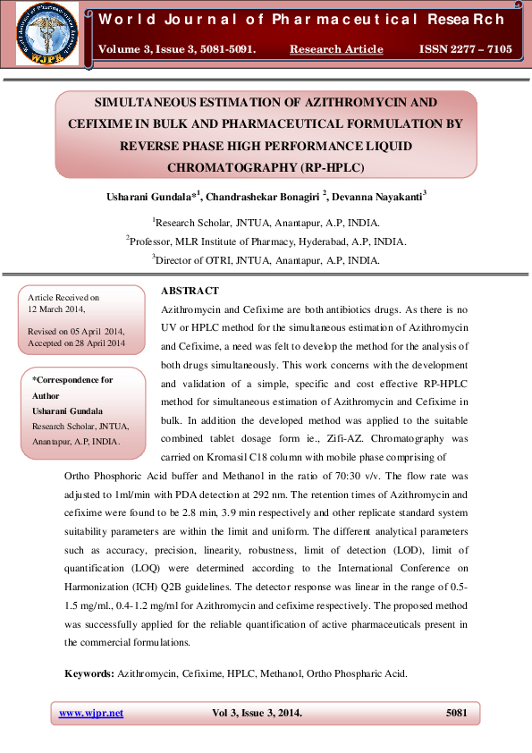 (PDF) Simultaneous Estimation of Azithromycin and Cefixime in Bulk and ...