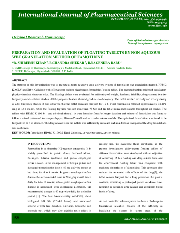 Pdf Preparation And Evaluation Of Floating Tablets By Non Aqueouswet Granulation Method Of