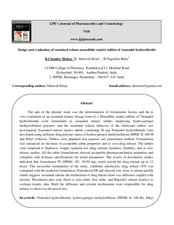 Pdf Design And Evaluation Of Sustained Release Monolithic Matrix Tablets Of Tramadol Hydrochloride