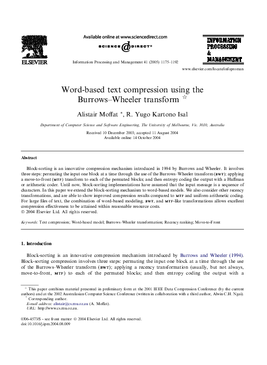 (PDF) Word-based text compression using the Burrows-Wheeler transform