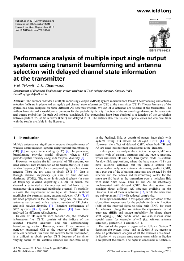 (PDF) Performance analysis of multiple input single output systems using transmit beamforming ...