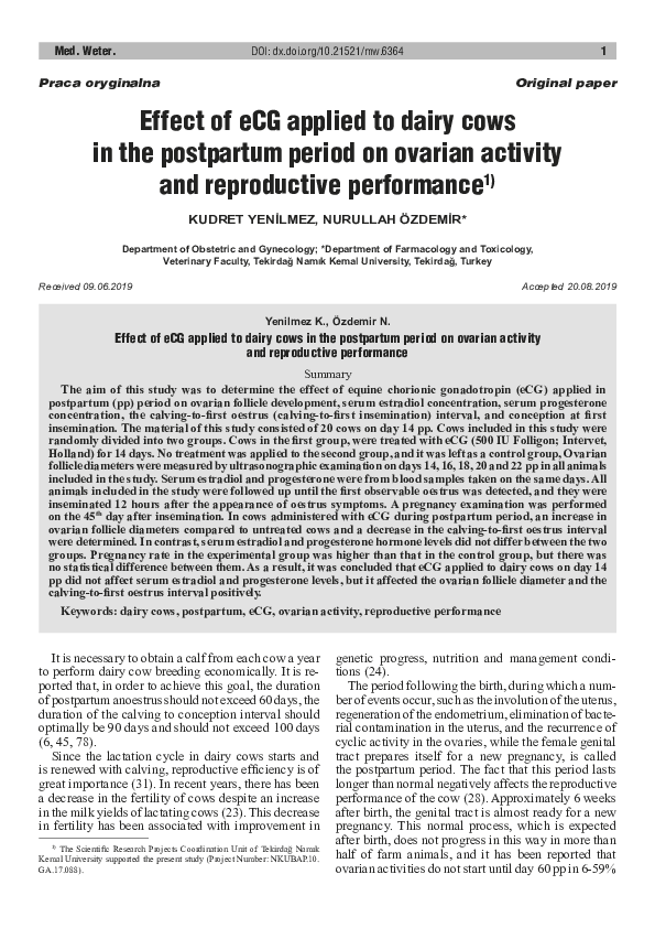 (PDF) Effect of eCG applied to dairy cows in the postpartum period on ovarian activity and ...