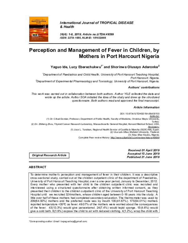(PDF) Perception and Management of Fever in Children, by Mothers in ...