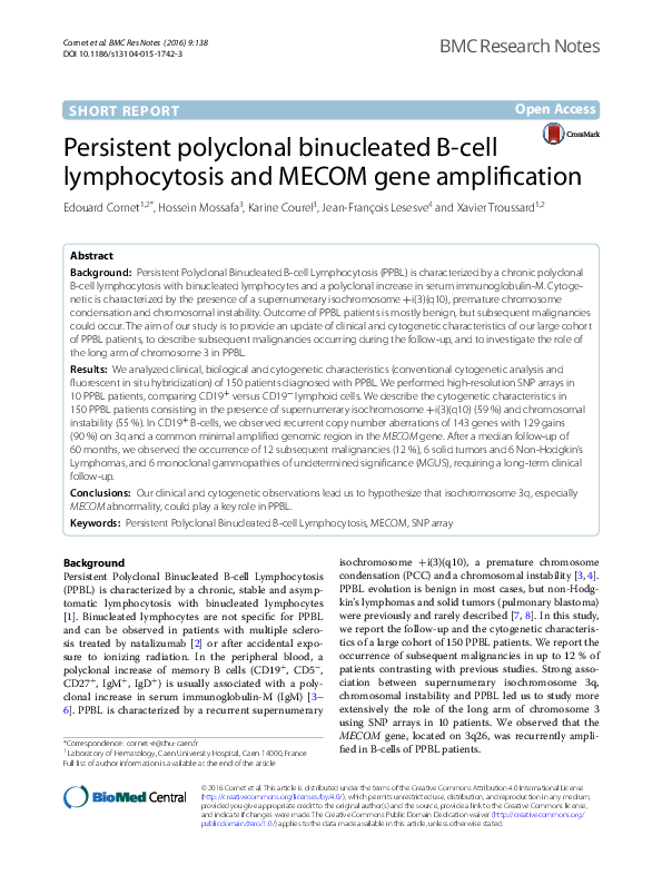 (PDF) Persistent polyclonal binucleated B-cell lymphocytosis and MECOM ...