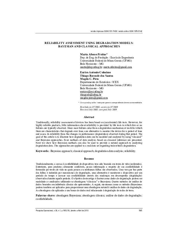 (PDF) Reliability assessment using degradation models: bayesian and classical approaches