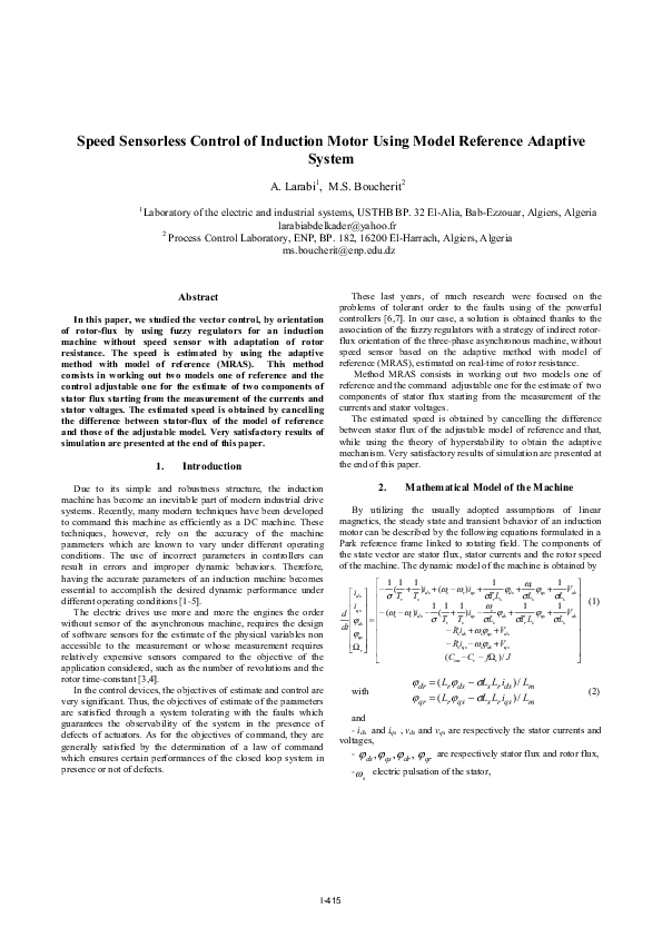 Pdf Speed Sensorless Control Of Induction Motor Using Model Reference Adaptive System M S