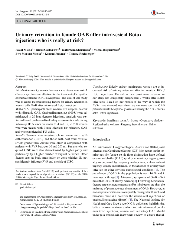 (PDF) Urinary retention in female OAB after intravesical Botox ...