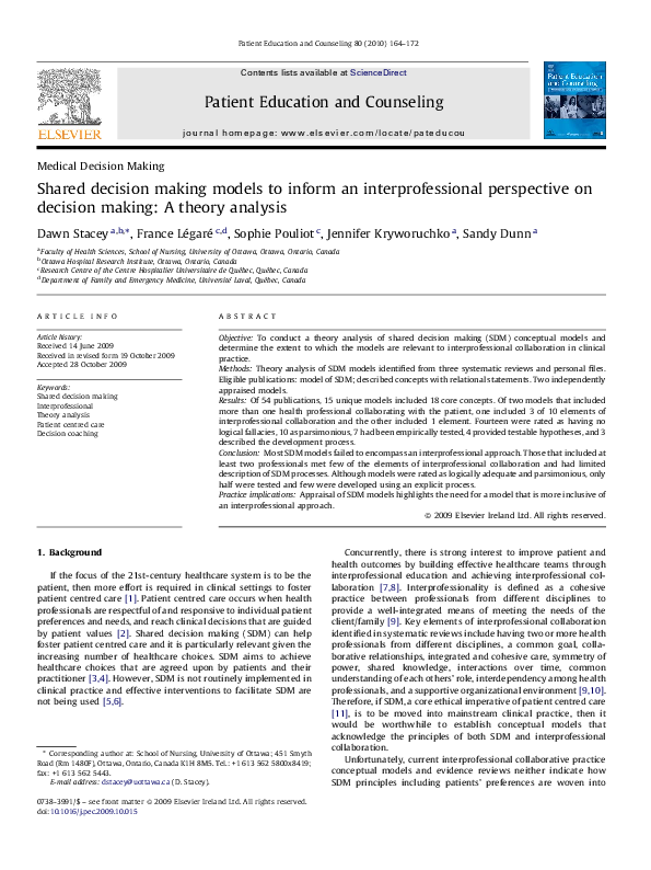 (PDF) Shared decision making models to inform an interprofessional perspective on decision ...