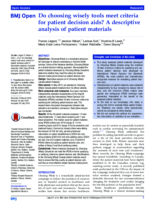 (PDF) Do choosing wisely tools meet criteria for patient decision aids ...