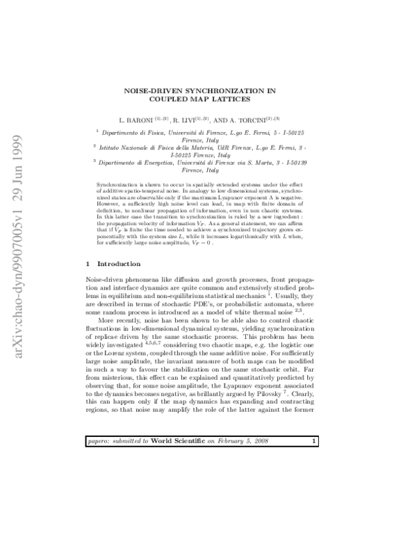 Pdf Noise Driven Synchronization In Coupled Map Lattices Roberto