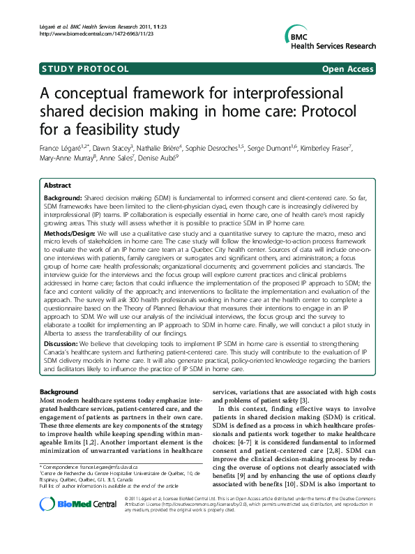 (PDF) A conceptual framework for interprofessional shared decision making in home care: Protocol ...