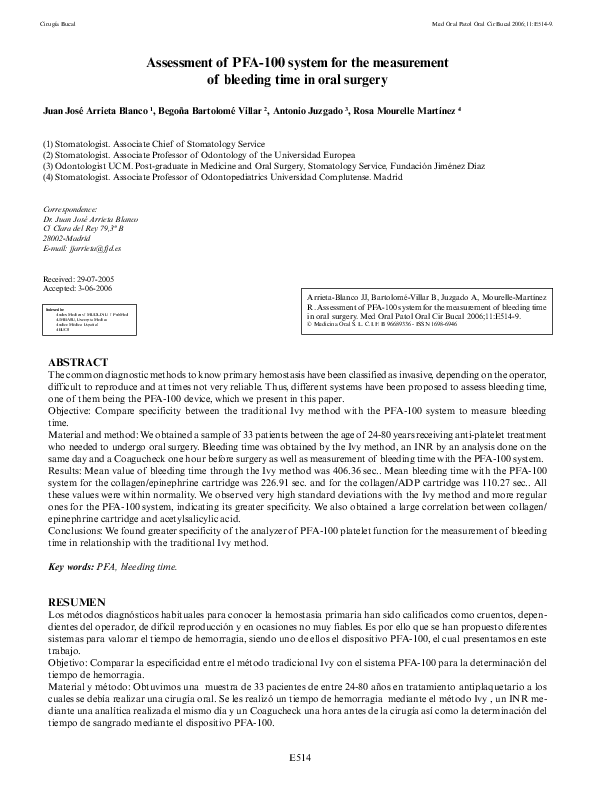 (PDF) Assessment of PFA-100 system for the measurement of bleeding time ...