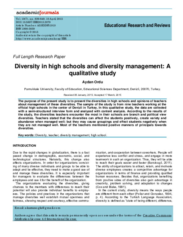 (PDF) Diversity in high schools and diversity management: A qualitative ...