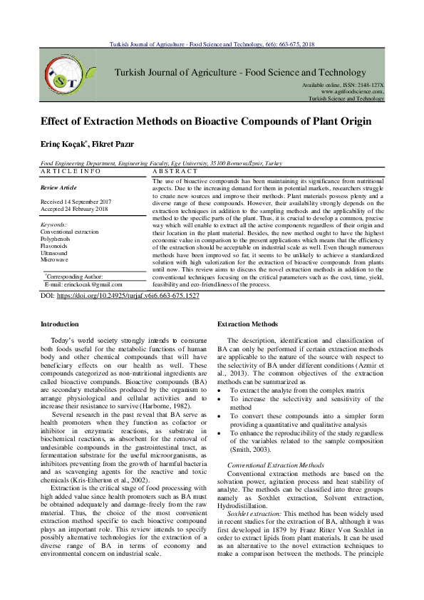 (PDF) ffect of Extraction Methods on Bioactive Compounds of Plant Origin