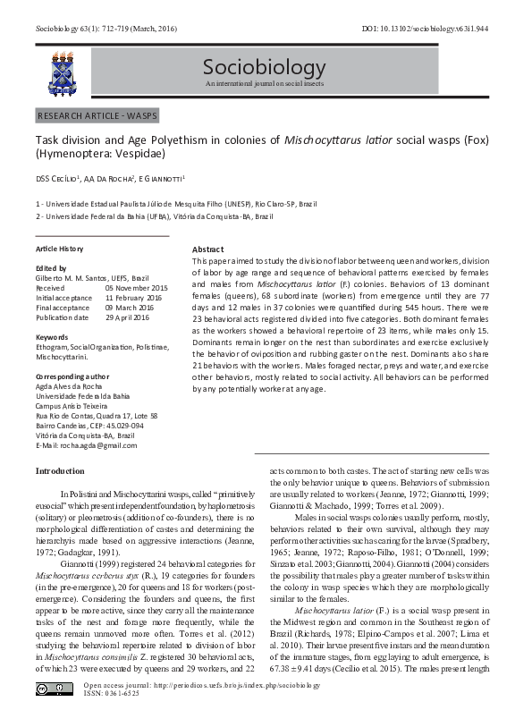 (PDF) Task division and Age Polyethism in colonies of Mischocyttarus ...