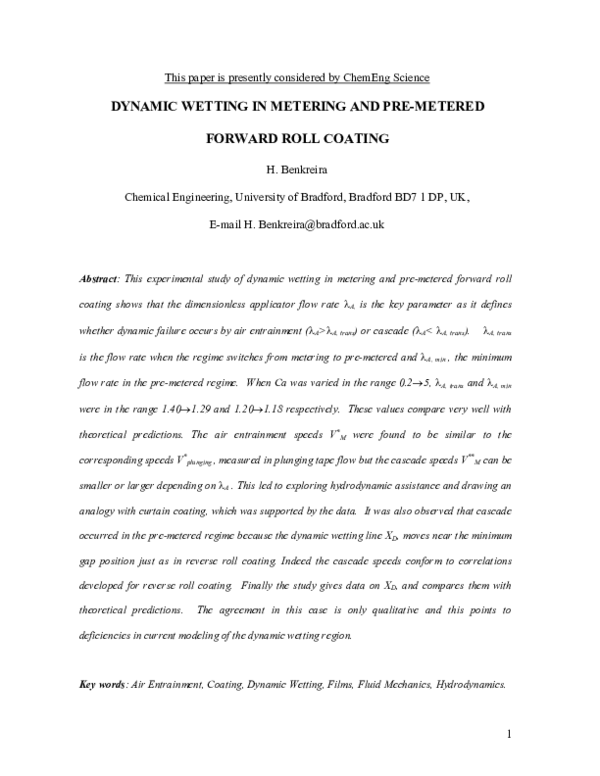 (PDF) Dynamic wetting in metering and pre-metered forward roll coating