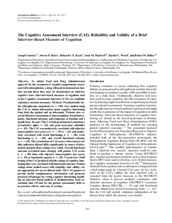 Pdf The Cognitive Assessment Interview Cai Reliability And