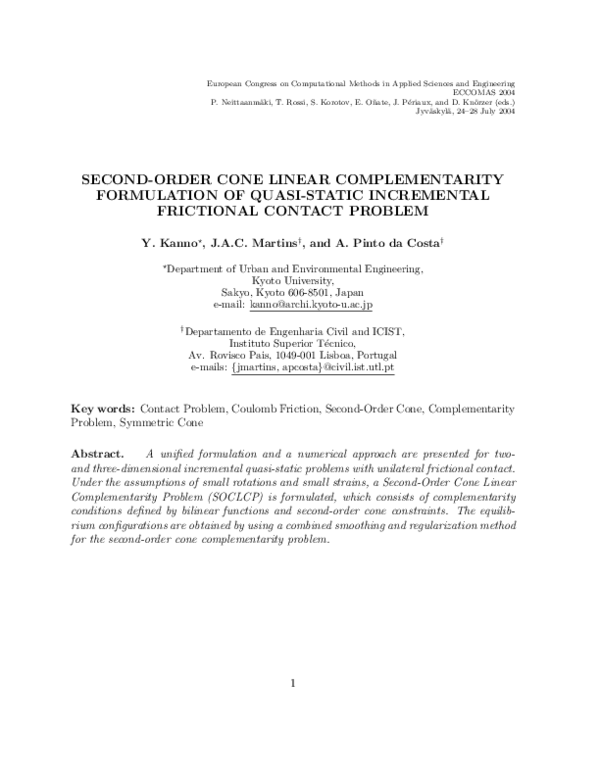 Pdf Second Order Cone Linear Complementarity Formulation Of Quasi Static Incremental
