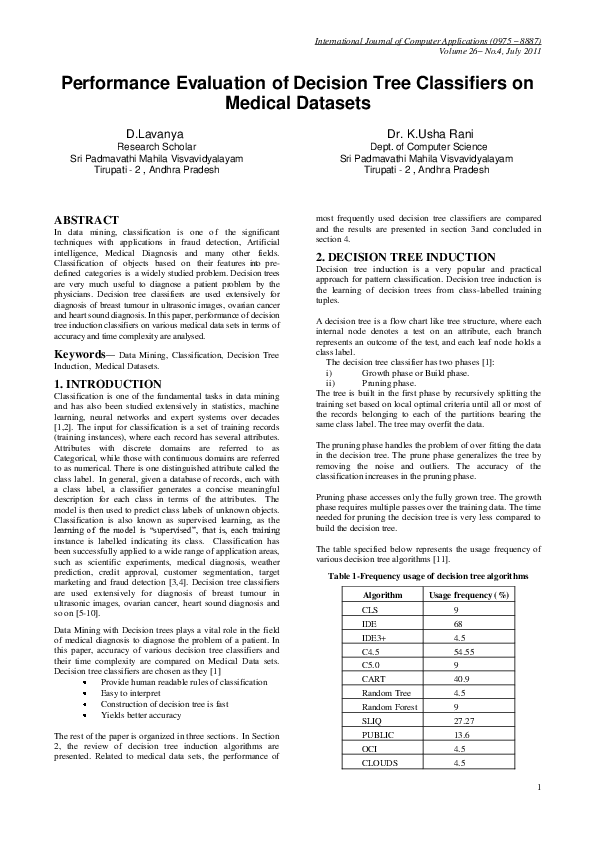 (PDF) Performance Evaluation of Decision Tree Classifiers on Medical ...