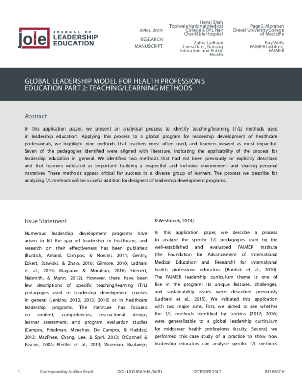 (PDF) Global Leadership Model for Health Professions Education Part 2 ...