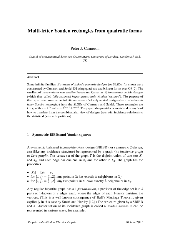 (PDF) Multi-letter Youden rectangles from quadratic forms