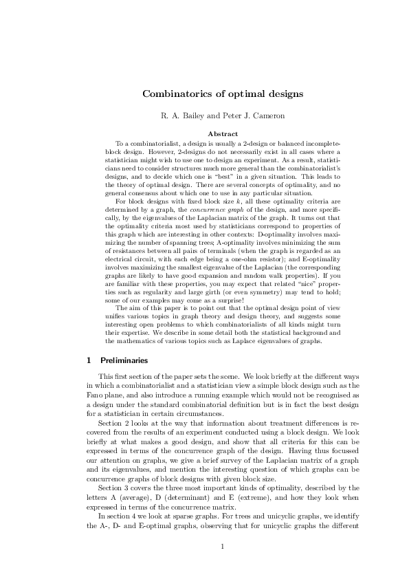 (PDF) Combinatorics of optimal designs