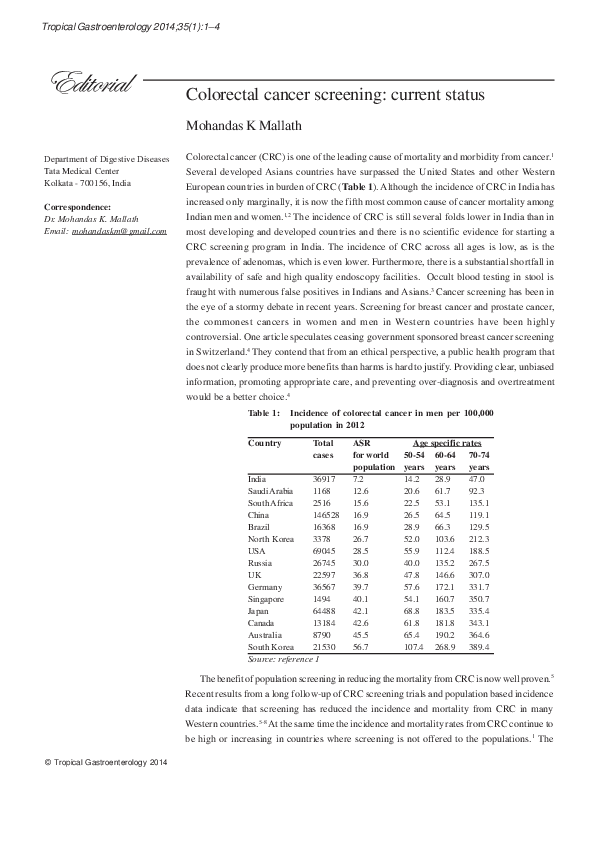 (PDF) Colorectal cancer screening: current status