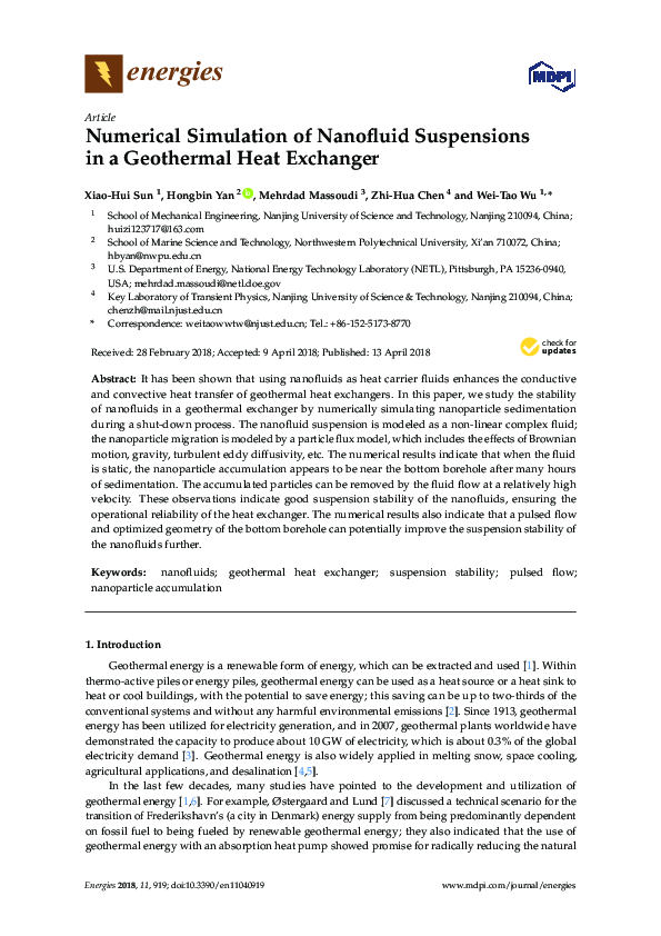 (PDF) Numerical Simulation of Nanofluid Suspensions in a Geothermal Heat Exchanger