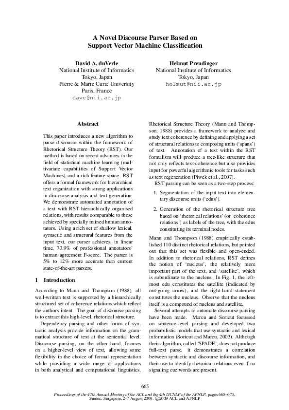 Pdf Discourse Parsing Via Svm Rst Implementation