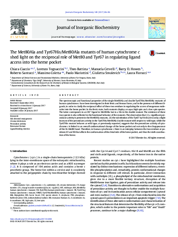 (PDF) The Met80Ala and Tyr67His/Met80Ala mutants of human cytochrome c ...