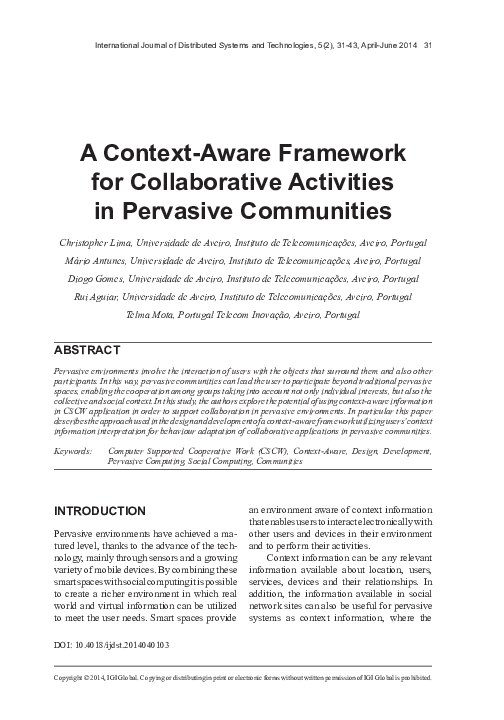 (PDF) A Context-Aware Framework for Collaborative Activities in Pervasive Communities