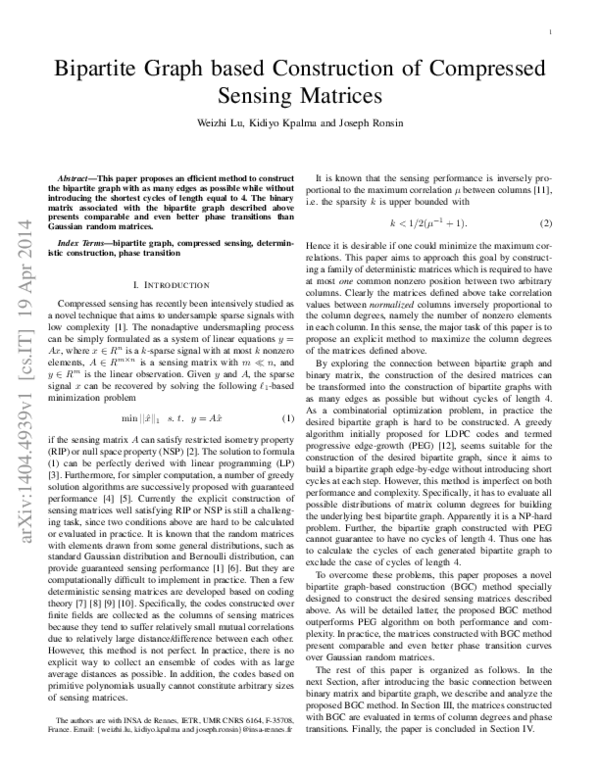 (PDF) Bipartite Graph based Construction of Compressed Sensing Matrices