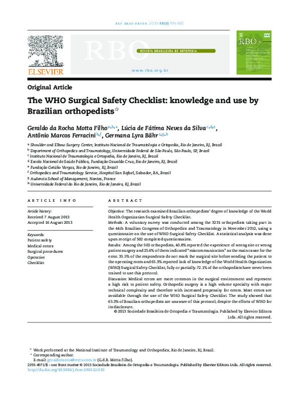 (PDF) The WHO Surgical Safety Checklist: knowledge and use by Brazilian ...