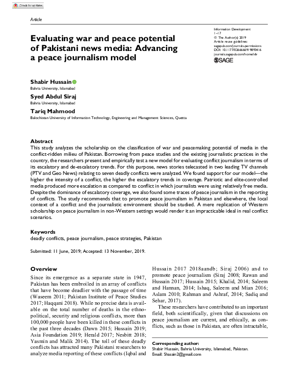 (PDF) Evaluating war and peace potential of Pakistani news media ...