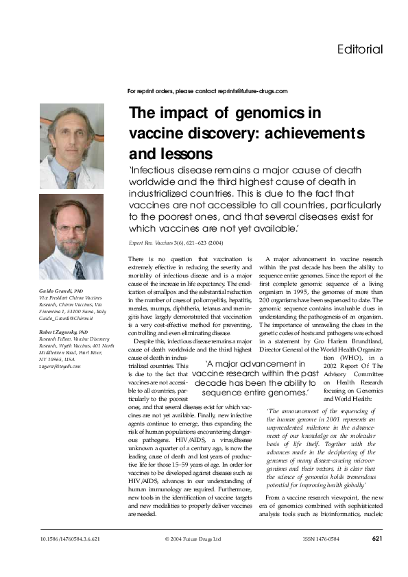 (PDF) The impact of genomics in vaccine discovery: achievements and lessons