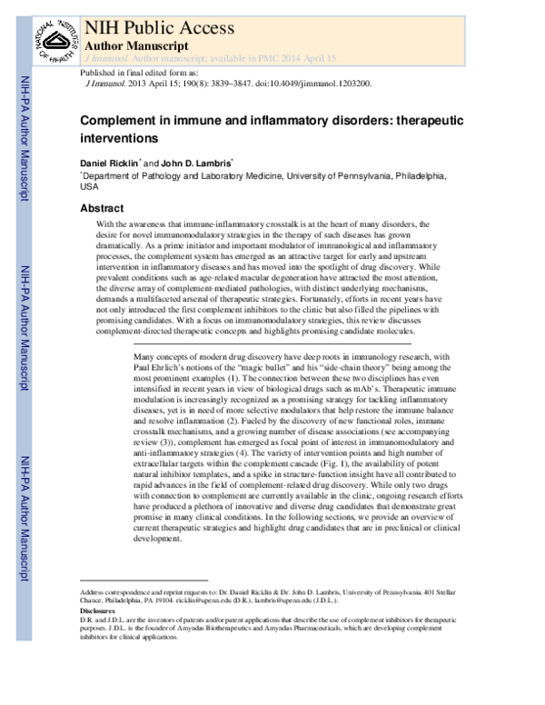 (PDF) Complement in Immune and Inflammatory Disorders: Therapeutic ...