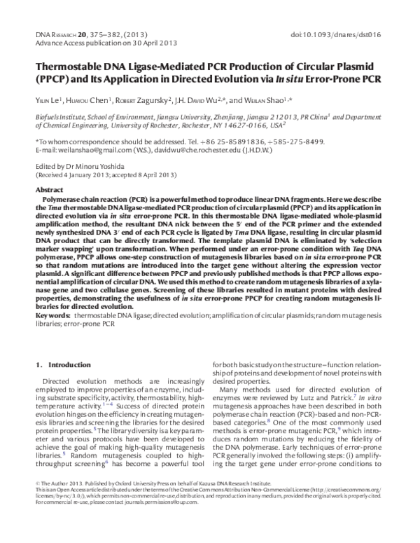 (PDF) Thermostable DNA Ligase-Mediated PCR Production of Circular ...