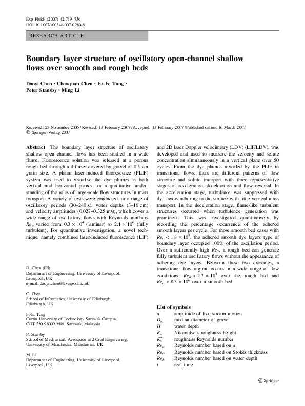 (PDF) Boundary layer structure of oscillatory open-channel shallow flows over smooth and rough beds