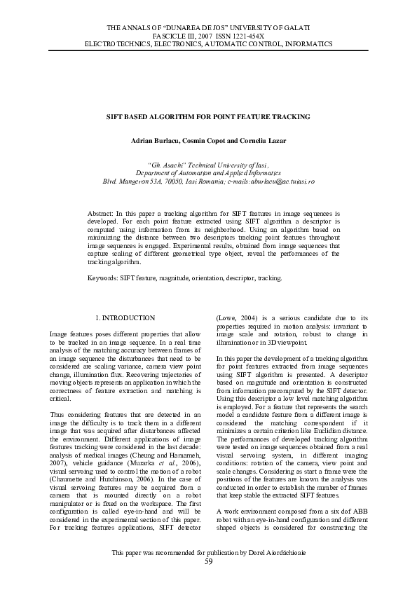 (PDF) SIFT based algorithm for point feature tracking