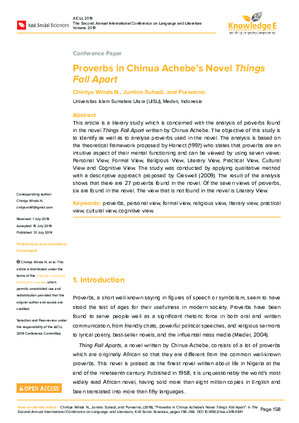 (PDF) Proverbs in Chinua Achebe’s Novel Things Fall Apart