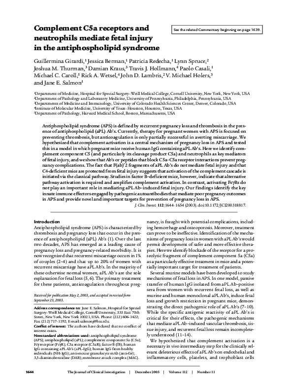 (PDF) Complement C5a receptors and neutrophils mediate fetal injury in the antiphospholipid syndrome