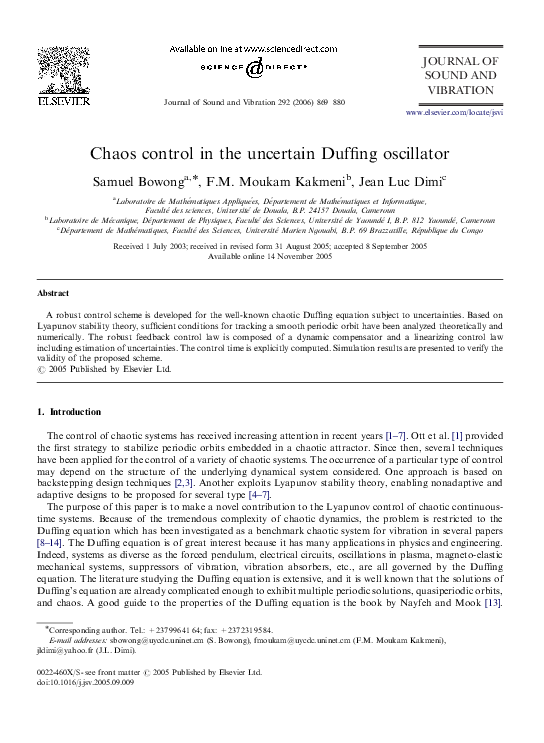 (PDF) Chaos control in the uncertain Duffing oscillator