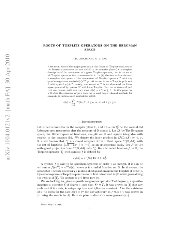 Pdf Roots Of Toeplitz Operators On Bergman Space
