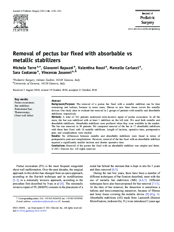 (PDF) Removal of pectus bar fixed with absorbable vsmetallic stabilizers