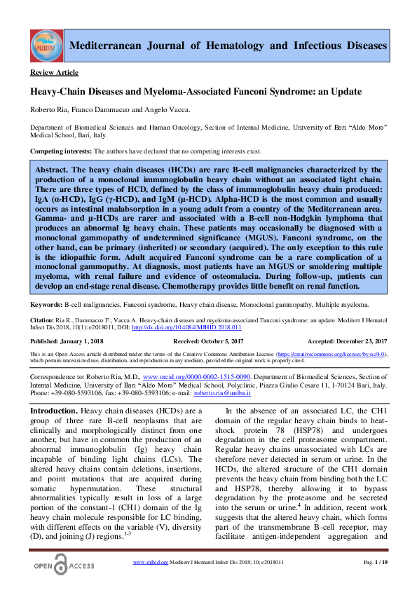 (PDF) Heavy-Chain Diseases and Myeloma-Associated Fanconi Syndrome: An ...