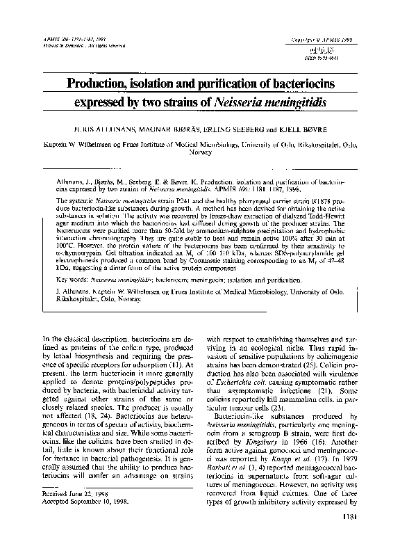 (PDF) Production, isolation and purification of bacteriocins expressed by two strains of ...