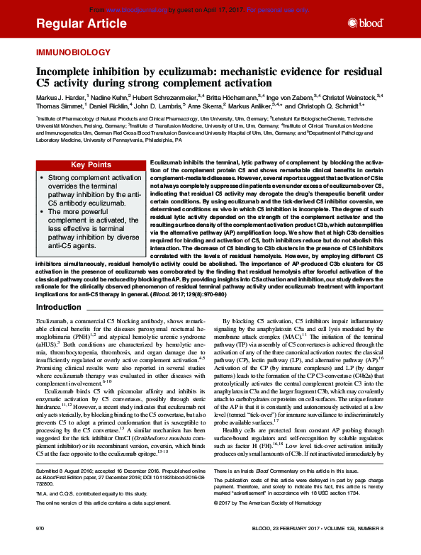 (PDF) Incomplete inhibition by eculizumab: mechanistic evidence for ...
