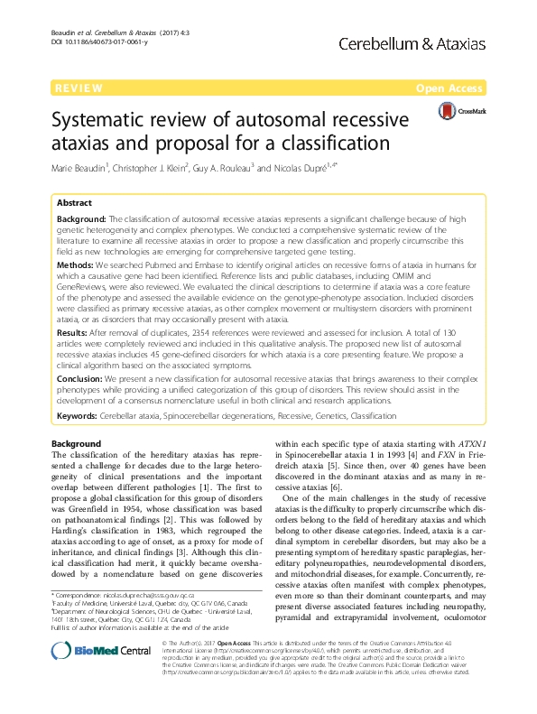 (PDF) Systematic review of autosomal recessive ataxias and proposal for a classification