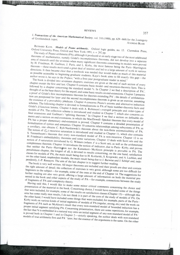 (PDF) Review: Richard Kaye, Models of Peano Arithmetic