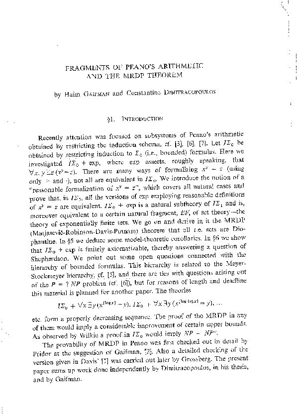 (PDF) Fragments of Peano's Arithmetic and the MRDP theorem